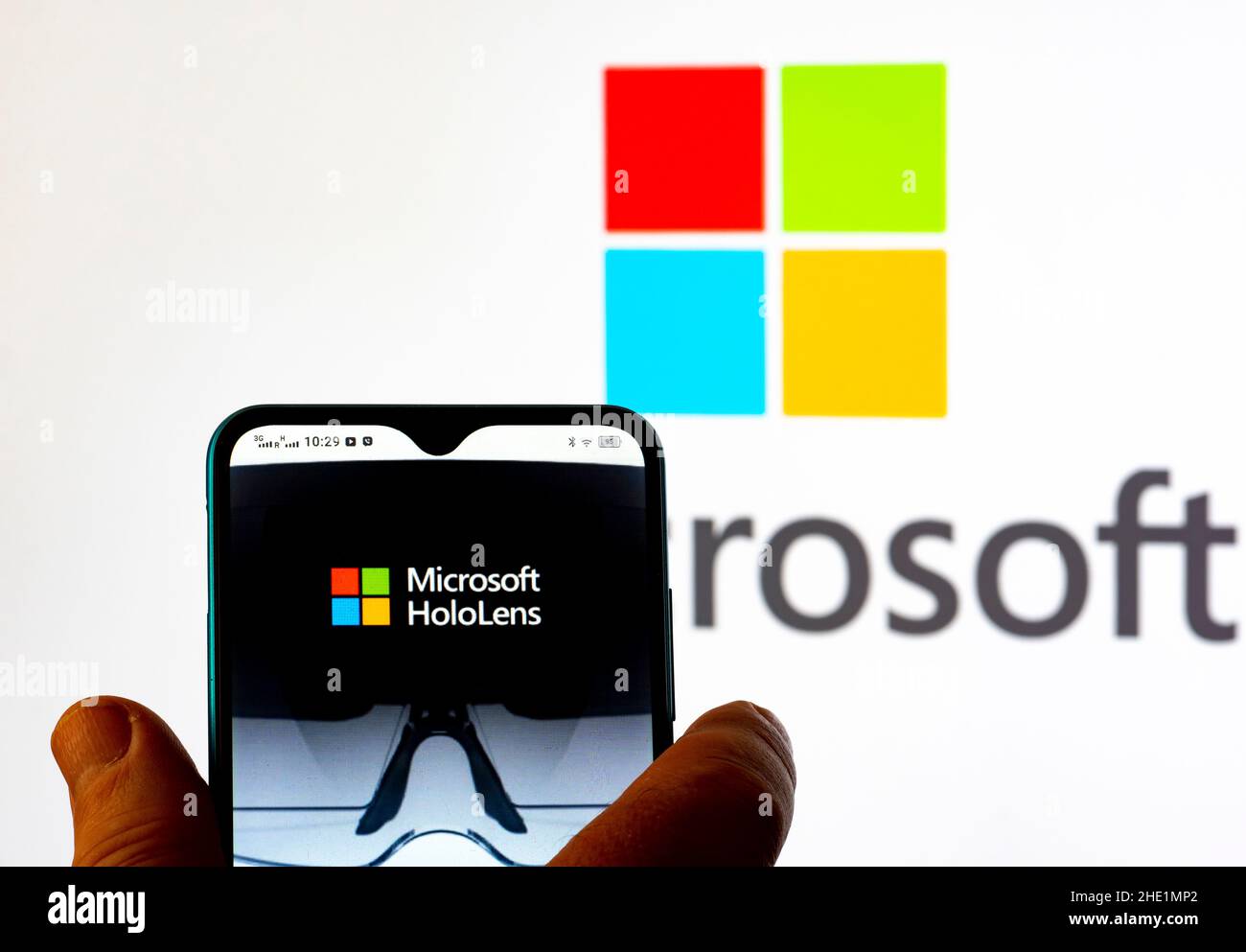 In this photo illustration Microsoft HoloLens logo seen displayed on a ...
