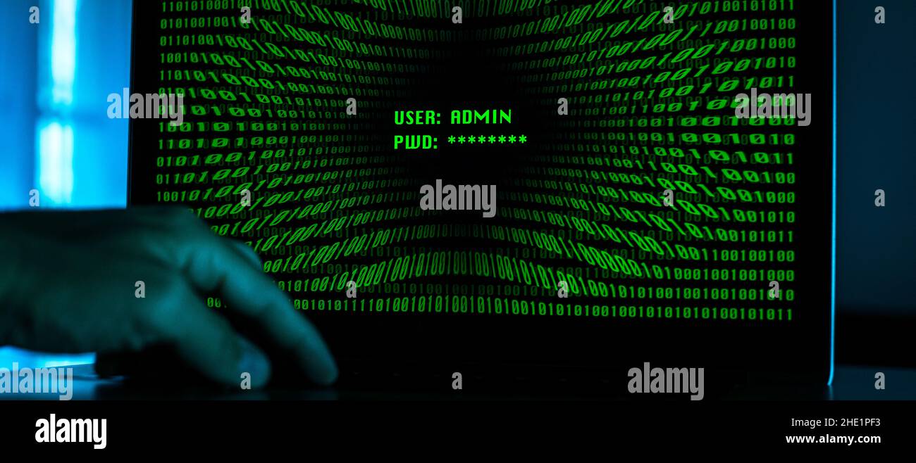 Hand typing on a laptop keyboard green numbers on display. Successful login with credentials ...