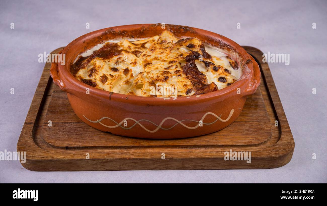 Traditional Macedonian cuisine of baked meat & cheese in the oven Stock ...