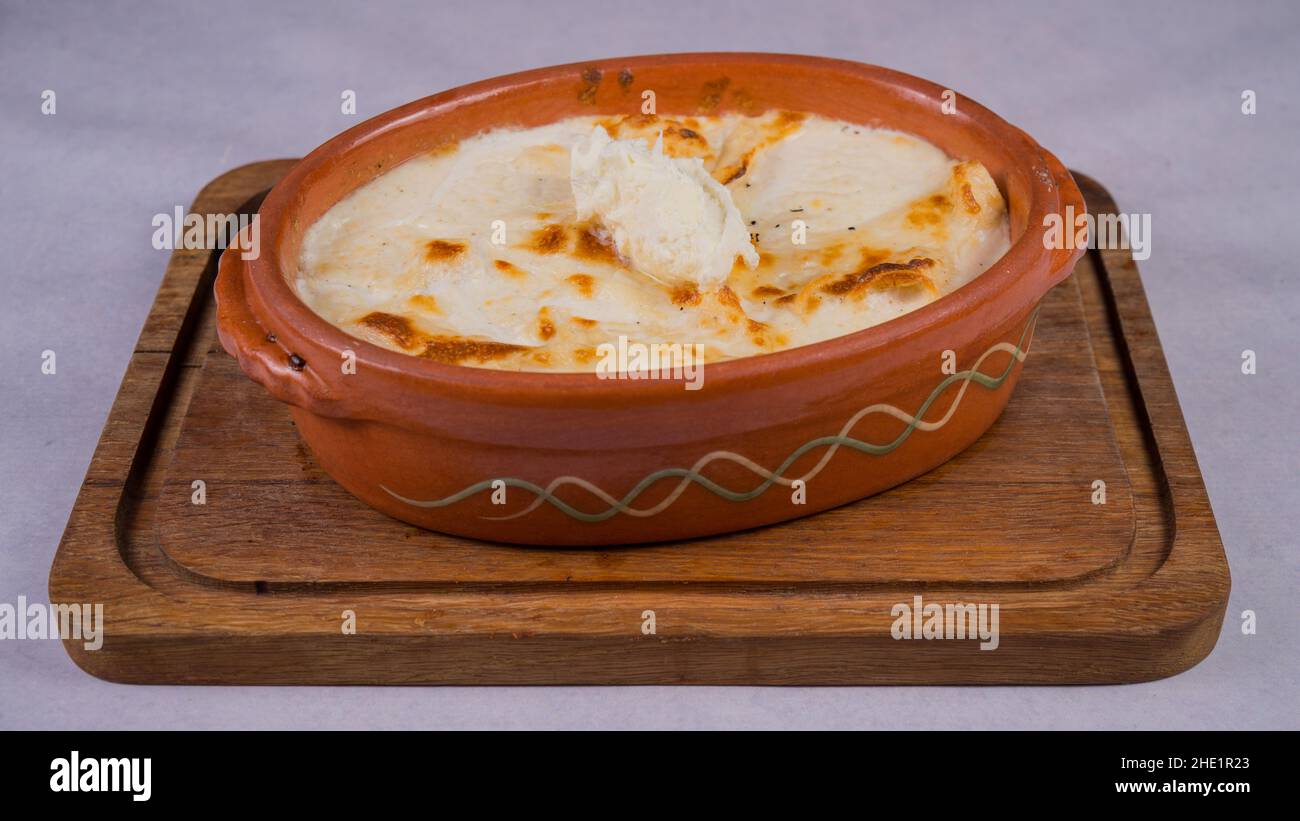 Traditional Macedonian cuisine of baked meat & cheese in the oven Stock ...