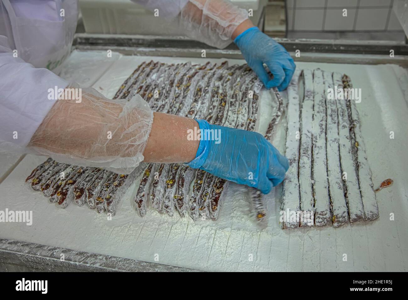 Turkish delight factory. Production of double roasted Turkish delight ...