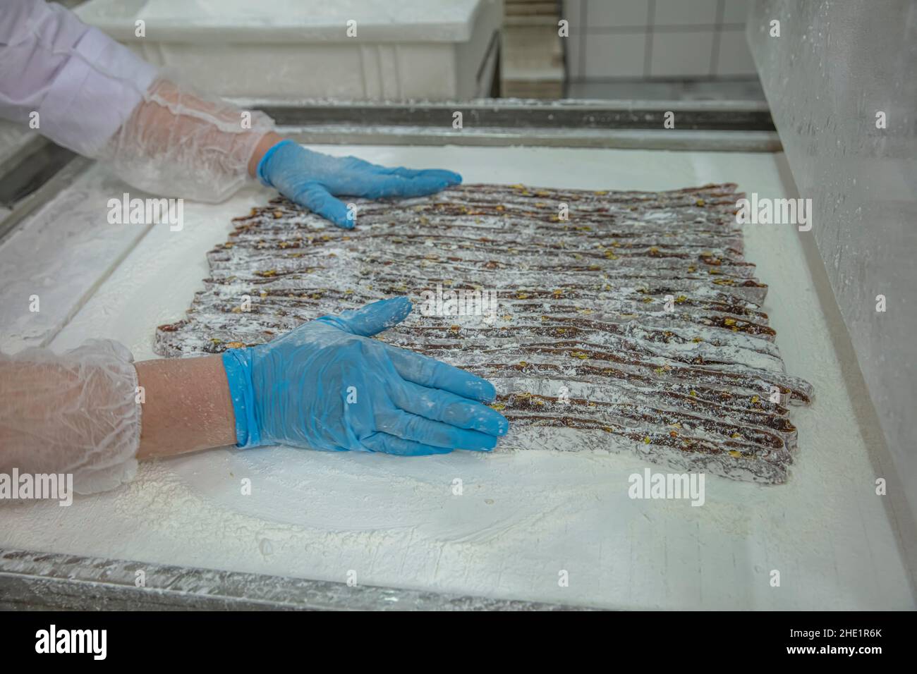 Turkish delight factory. Production of double roasted Turkish delight ...