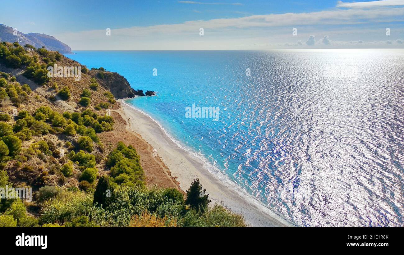 Aerial top view of Cliffs of Maro-Cerro Gordo, Spain, and the wonderful ...