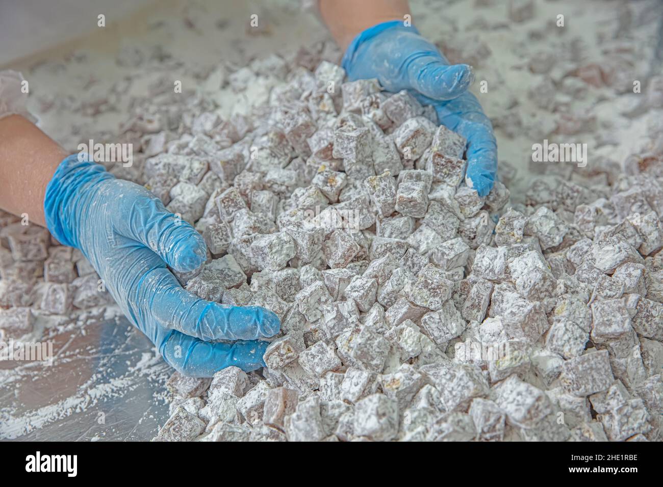 Turkish delight factory. Production of double roasted Turkish delight ...