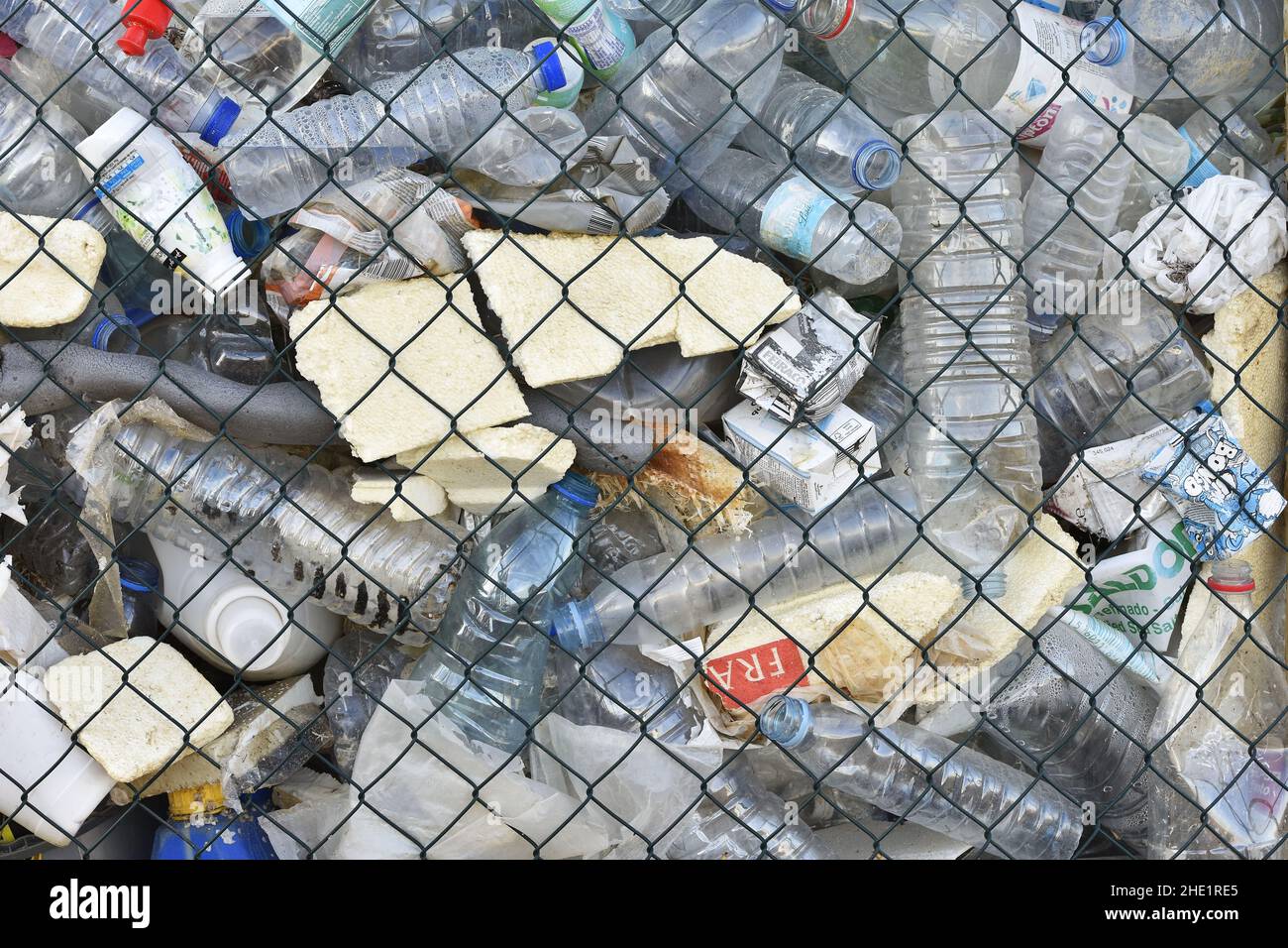 Bin with collected plastic rubbish, Ria Formosa Nature Reserve, Olhao ...