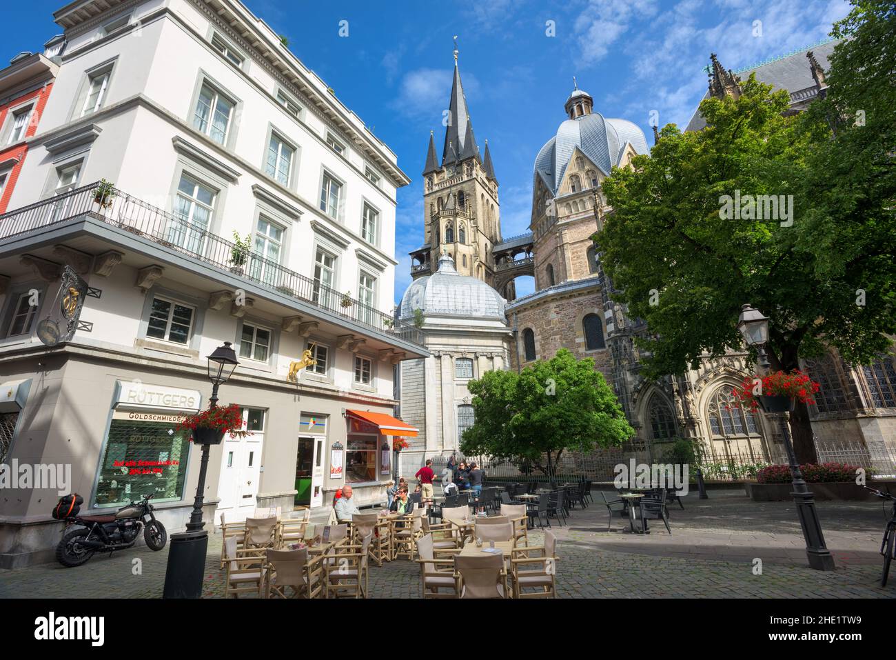 Aachen, Germany - 24 July 2020: A street cafe with view to historical ...