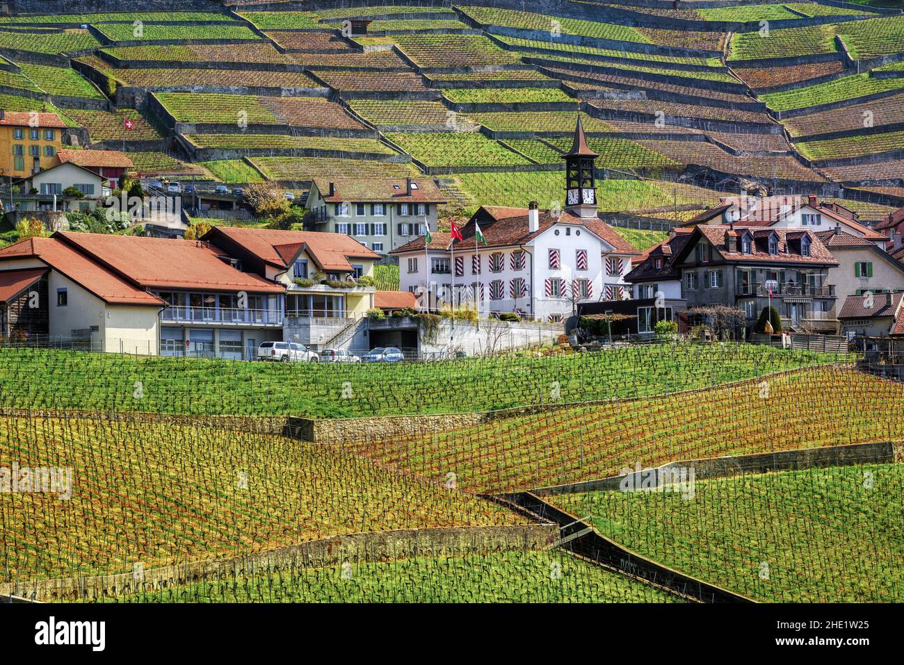 A typical village in the Lavaux vineyard terrace region by Lausanne ...