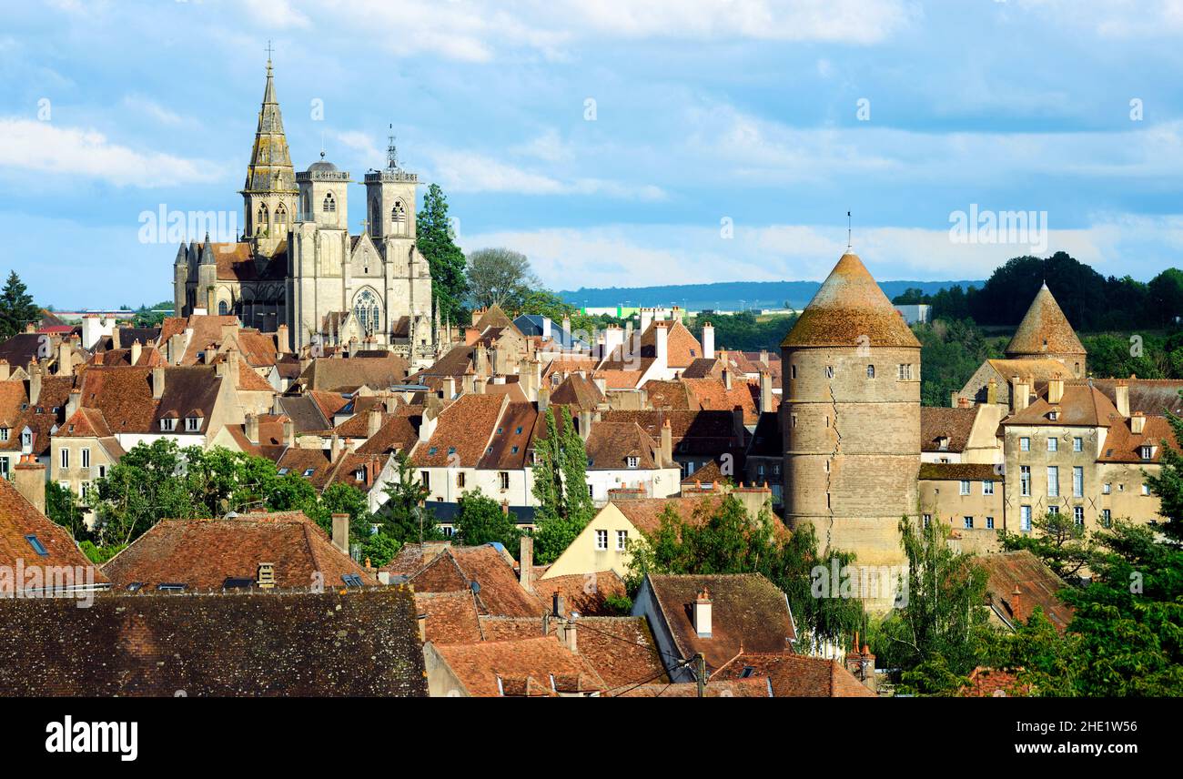 Semur en Auxois, view over the red tiled roofs of the medieval Old town ...