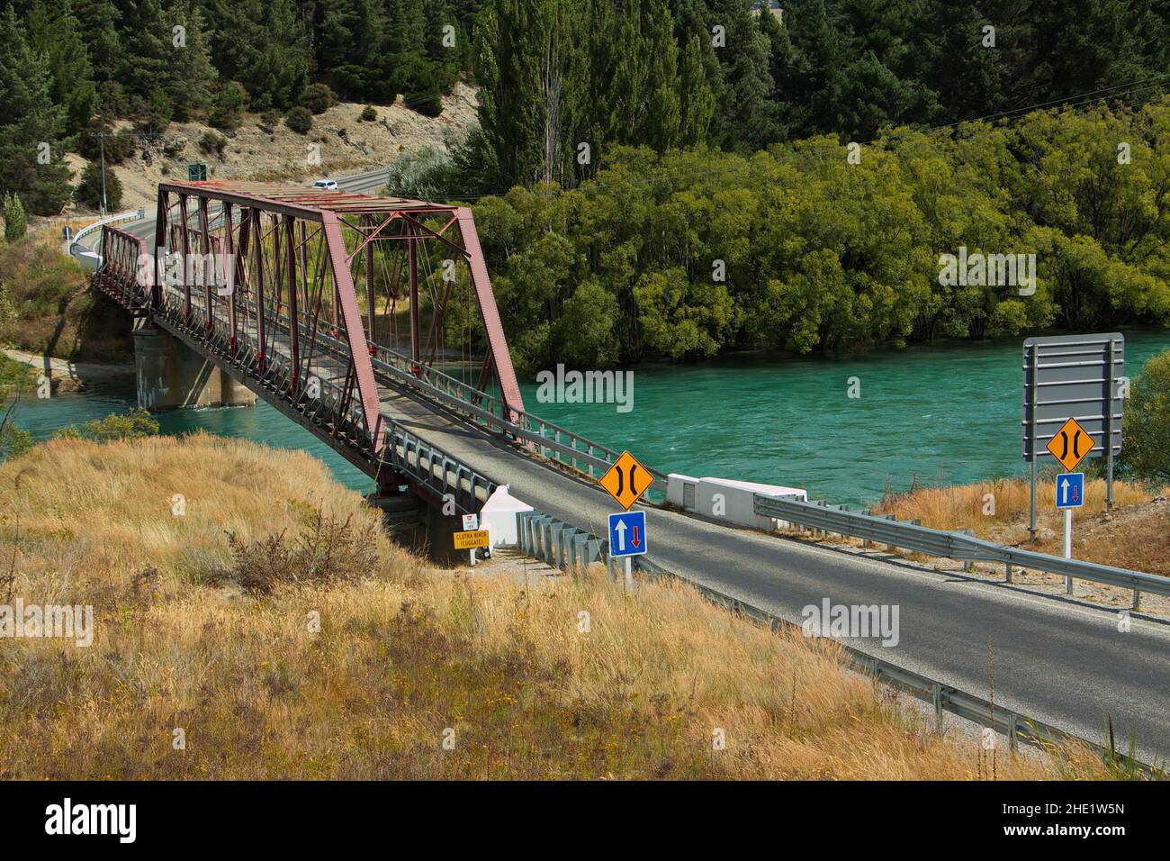 Red Bridge over Clutha River near Wanaka in Otago on South Island of ...