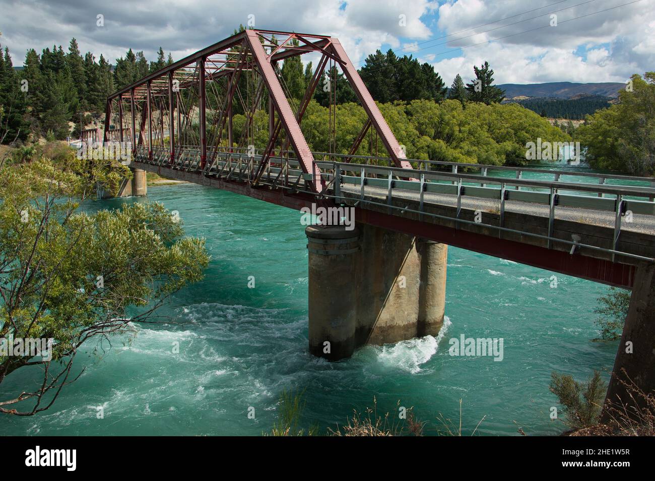Red Bridge over Clutha River near Wanaka in Otago on South Island of ...