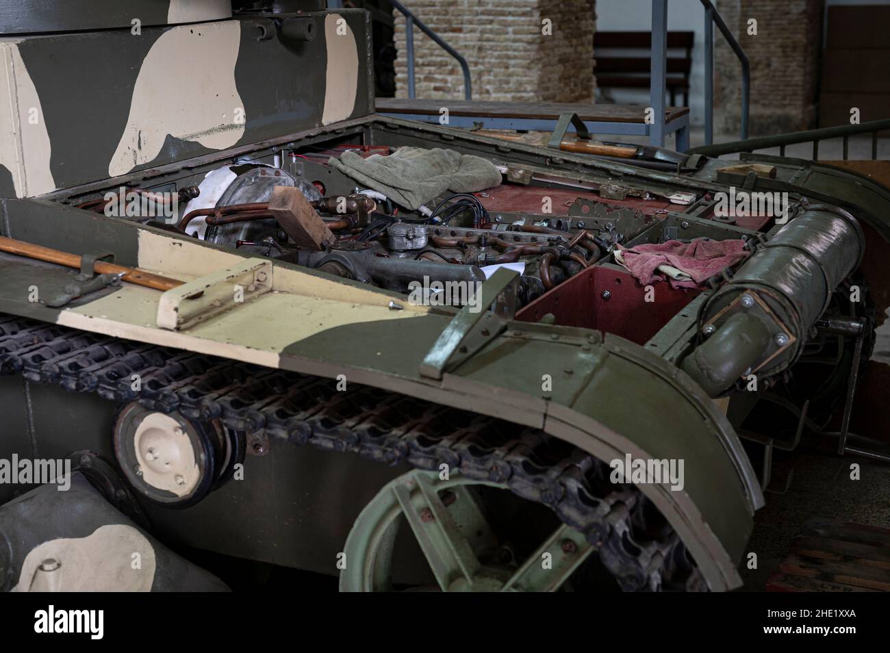 Detail of the engine of a T-26 war tank in the workshop Stock Photo - Alamy