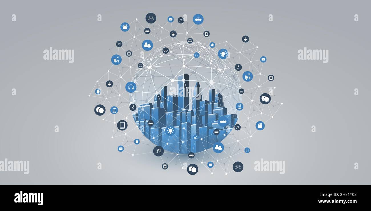 Smart City, Cloud Computing Design Concept with Wireframe Sphere and Icons - Digital Network ...