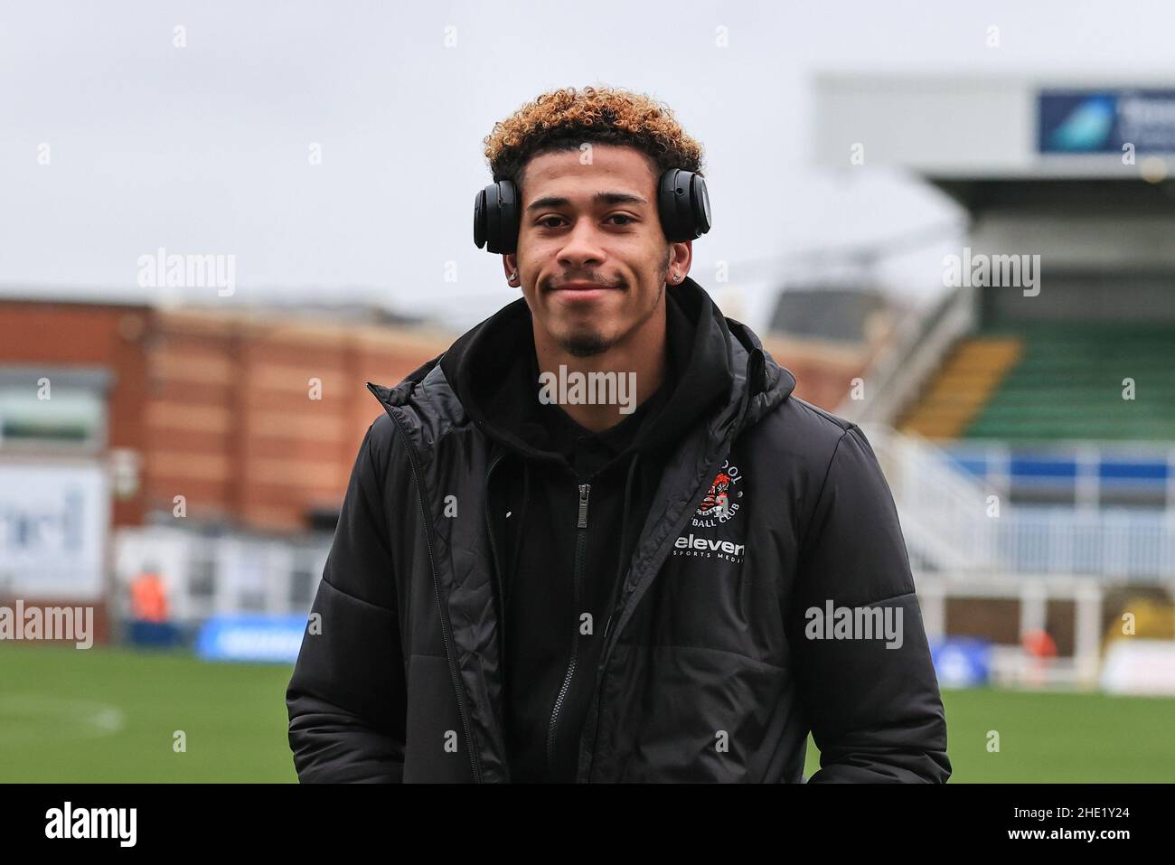 Jordan Gabriel #4 of Blackpool arrives at the Suit Direct Stadium Stock ...
