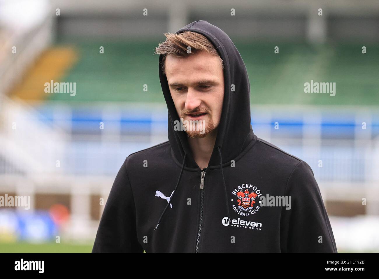 Callum Connolly #2 of Blackpool arrives at the Suit Direct Stadium ...