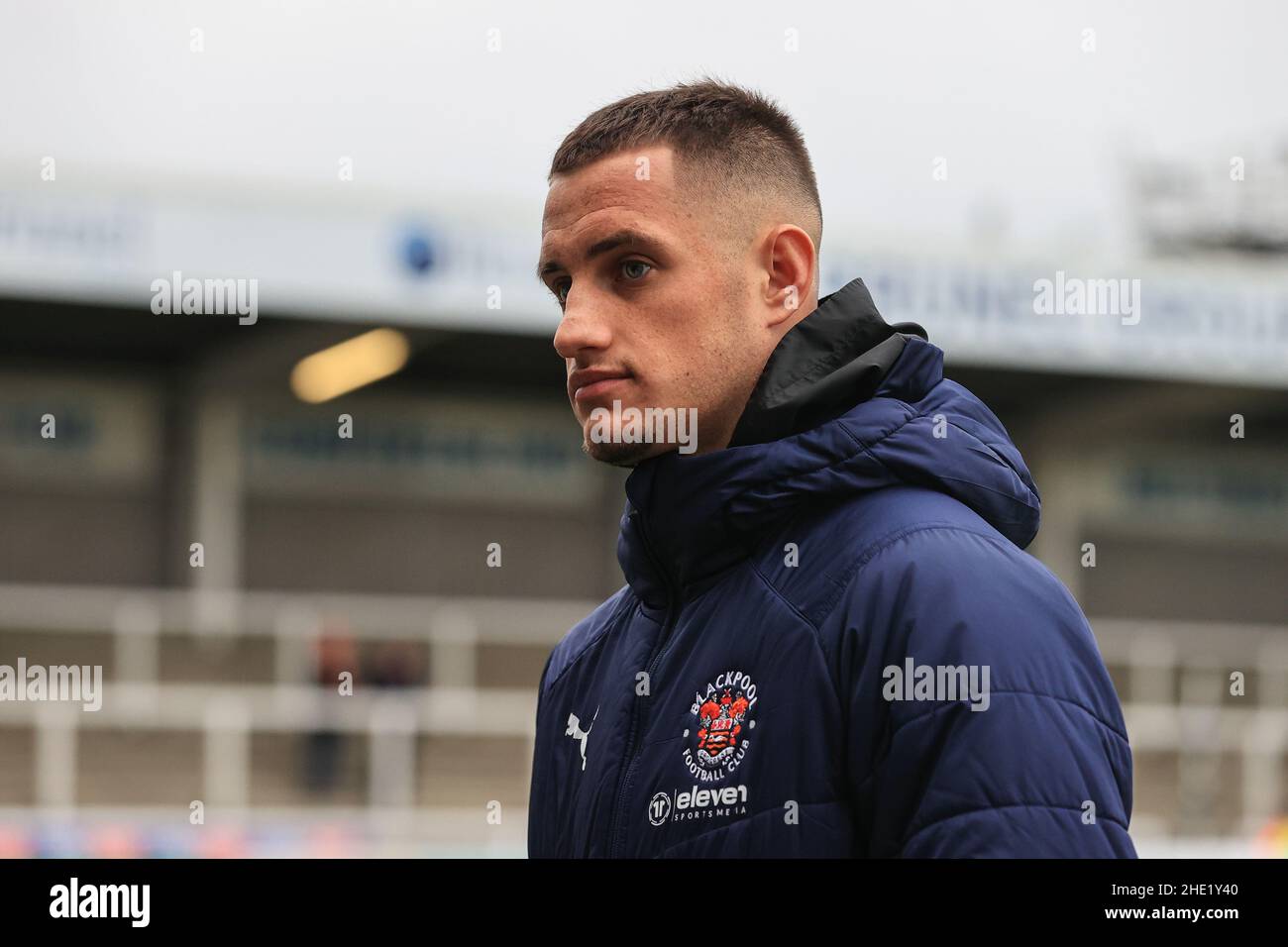 Jerry Yates #9 of Blackpool arrives at the Suit Direct Stadium Stock ...