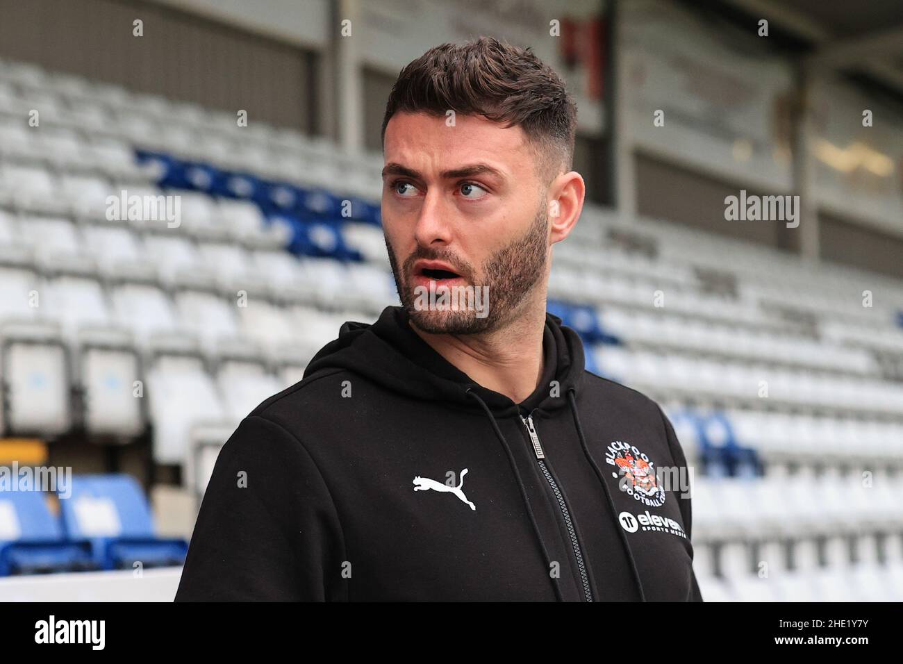 Hartlepool, UK. 08th Jan, 2022. Gary Madine #14 of Blackpool arrives at ...