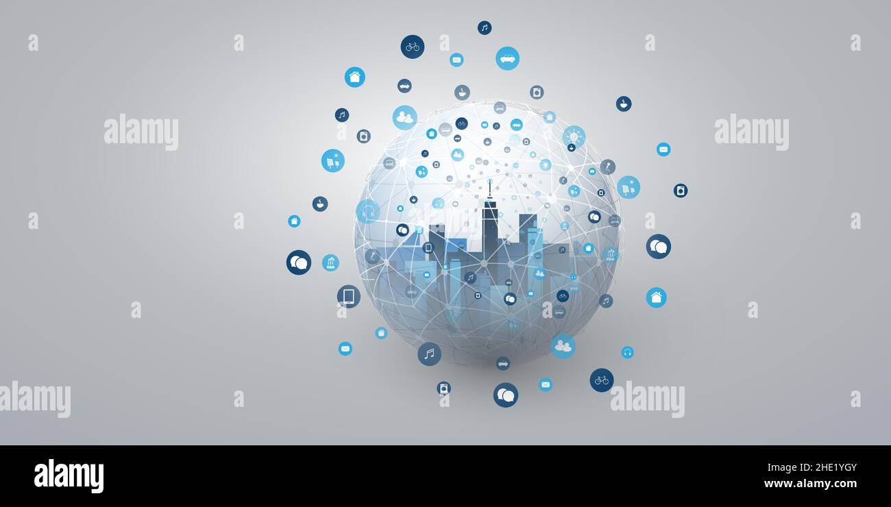 Smart City, Cloud Computing Design Concept with Transparent Globe and Icons - Digital Network ...