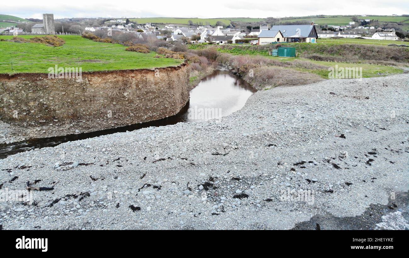 Aerial image of the mouth of the river Afon Cledan, showing the pebble ...