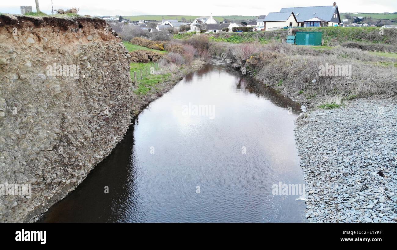 Aerial image of the mouth of the river Afon Cledan, showing the pebble ...