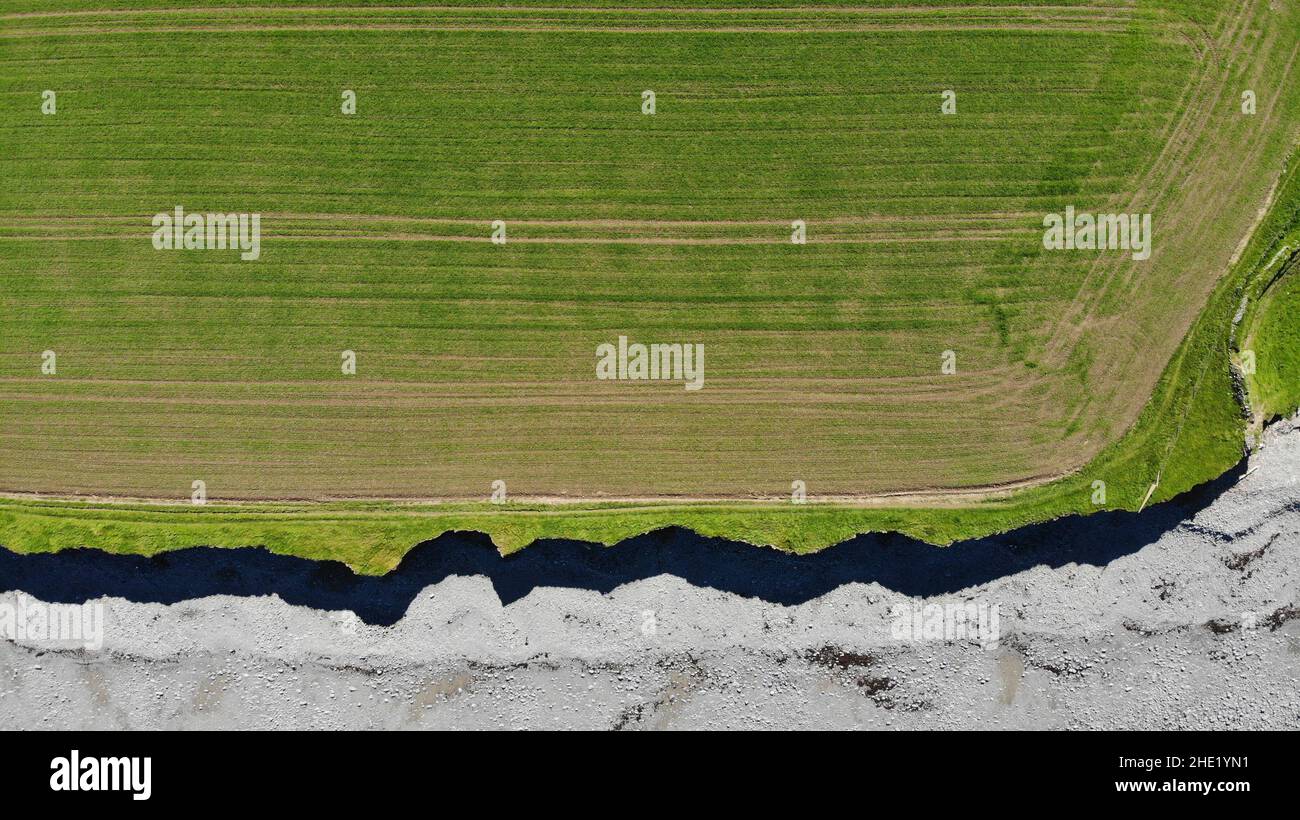 Aerial image of fields, beach and coastal path in Llanon Ceredigion ...