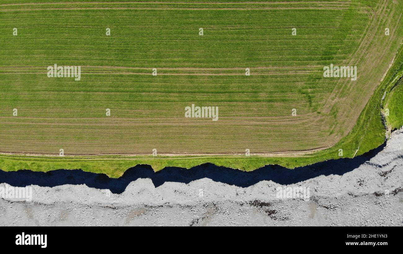 Aerial image of fields, beach and coastal path in Llanon Ceredigion ...
