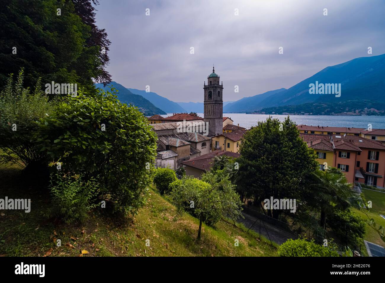 View of town from above, including the Basilica of St. Giacomo, Lake ...