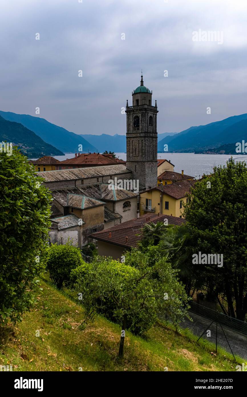 View of town from above, including the Basilica of St. Giacomo, Lake ...