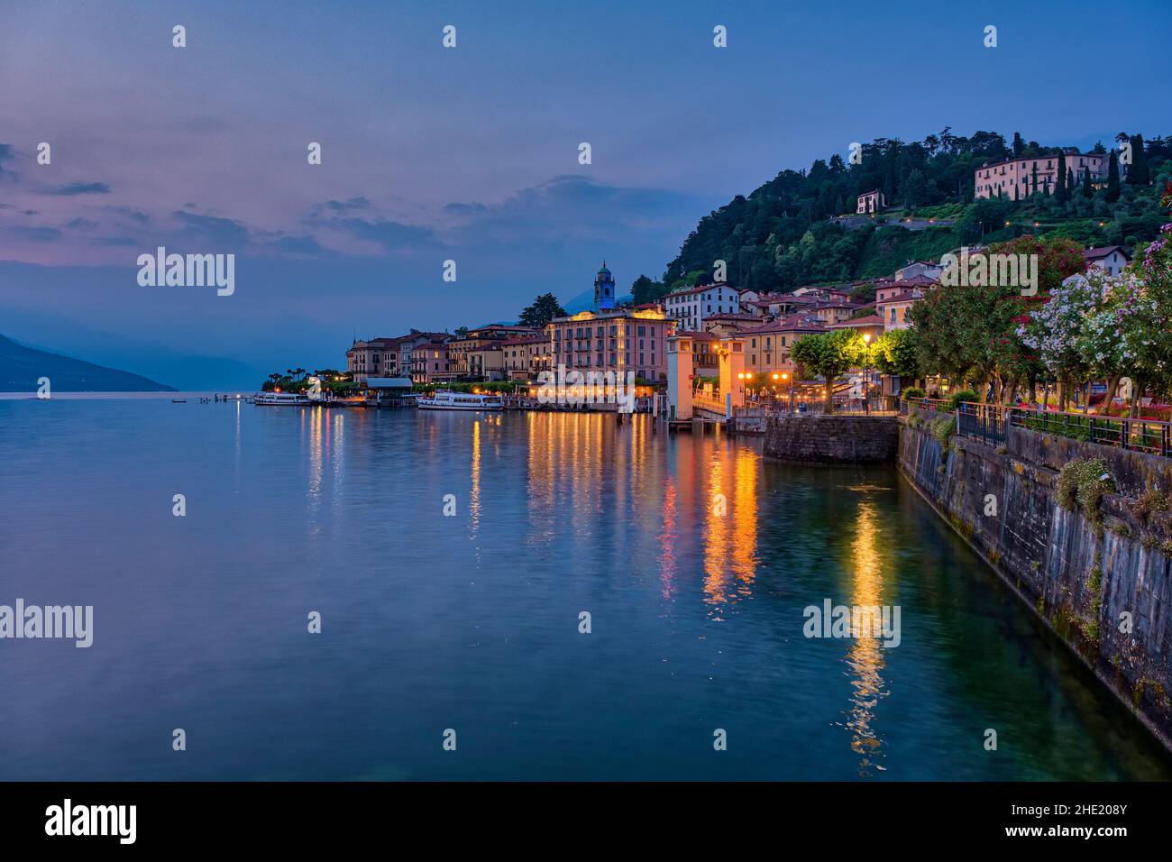 View of the lakeside of town, including the Basilica of St. Giacomo ...