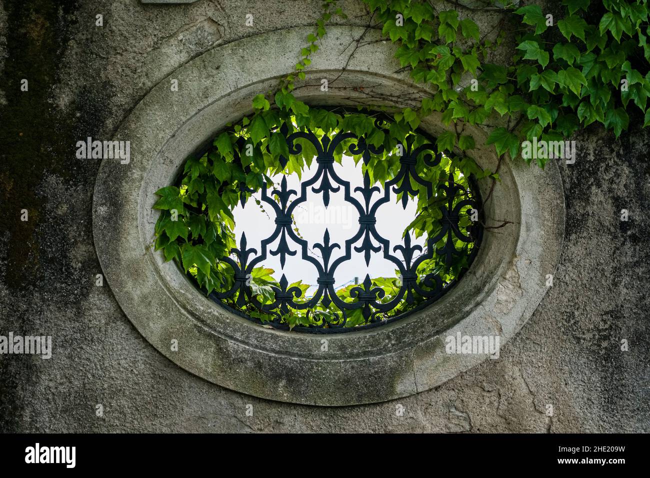 An oval window with an artisan safety grid in a wall, overgrown by wild ...