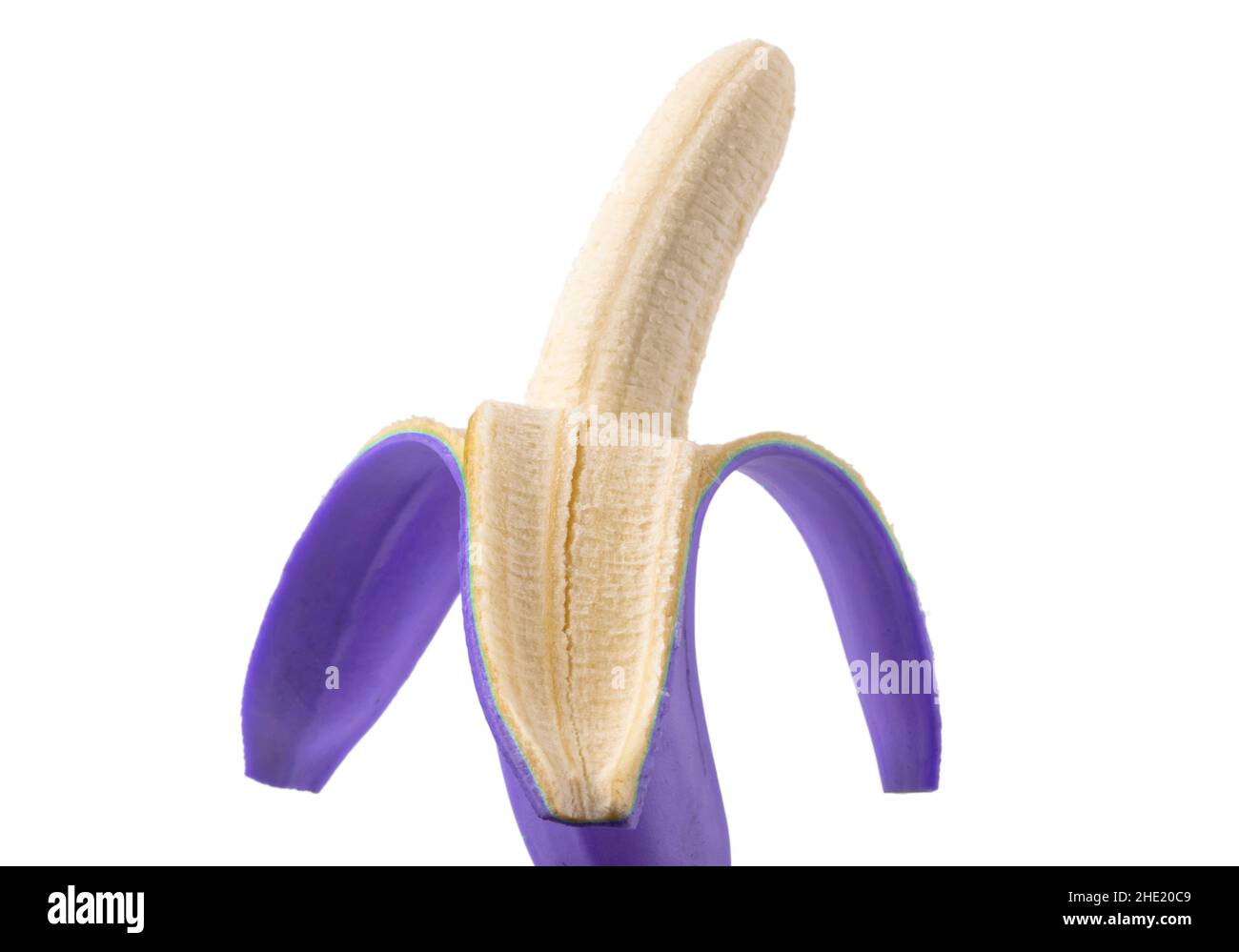 Abstract blue half peeled banana isolated on white background. Ripe ...