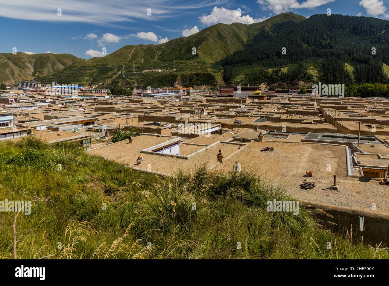 View of Xiahe town with Labrang monastery, Gansu province, China Stock ...