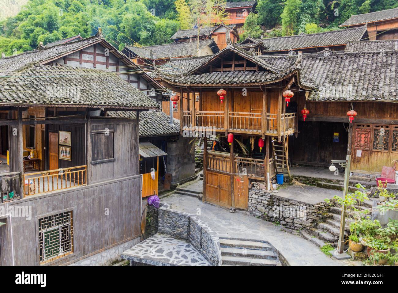 Wooden houses in Dehang Miao village, Hunan province, China Stock Photo ...