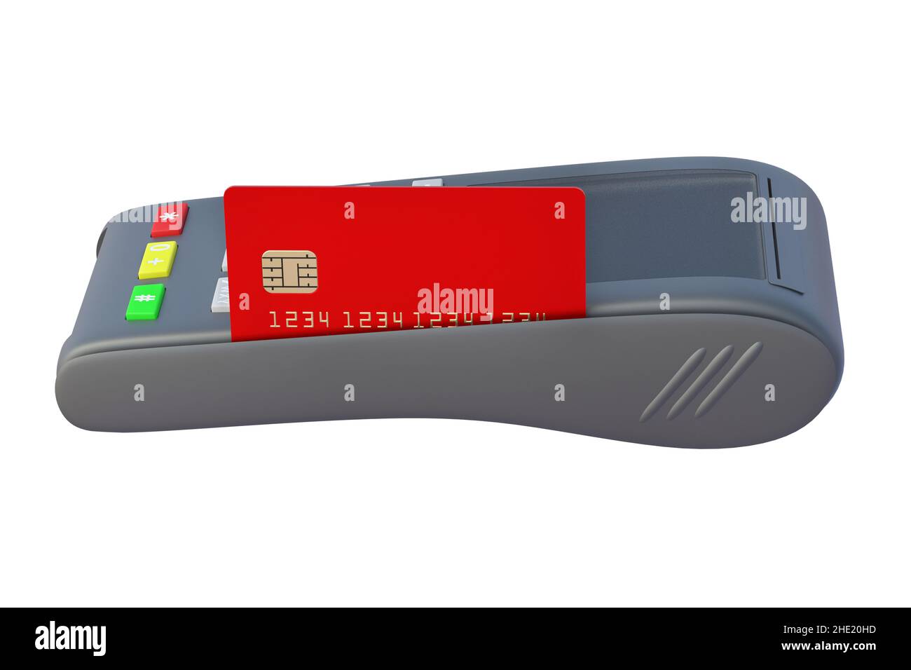 Portable cash register with plastic credit card isolated on white ...