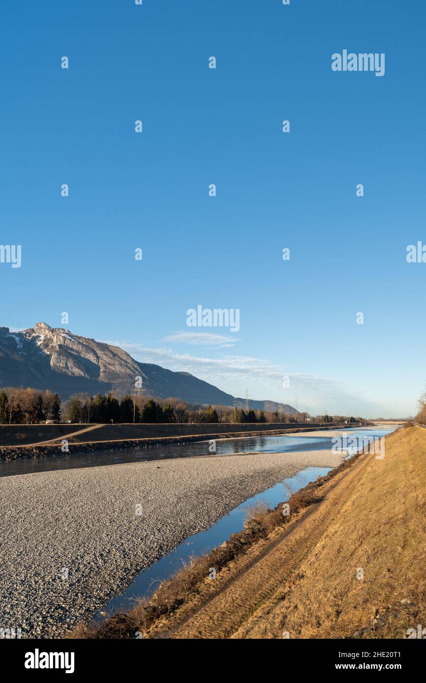 Bendern, Liechtenstein, December 31, 2021 Stunning view along the rhine ...