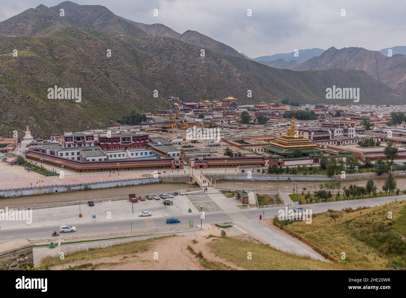 Aerial view of Xiahe town with Labrang monastery, Gansu province, China ...