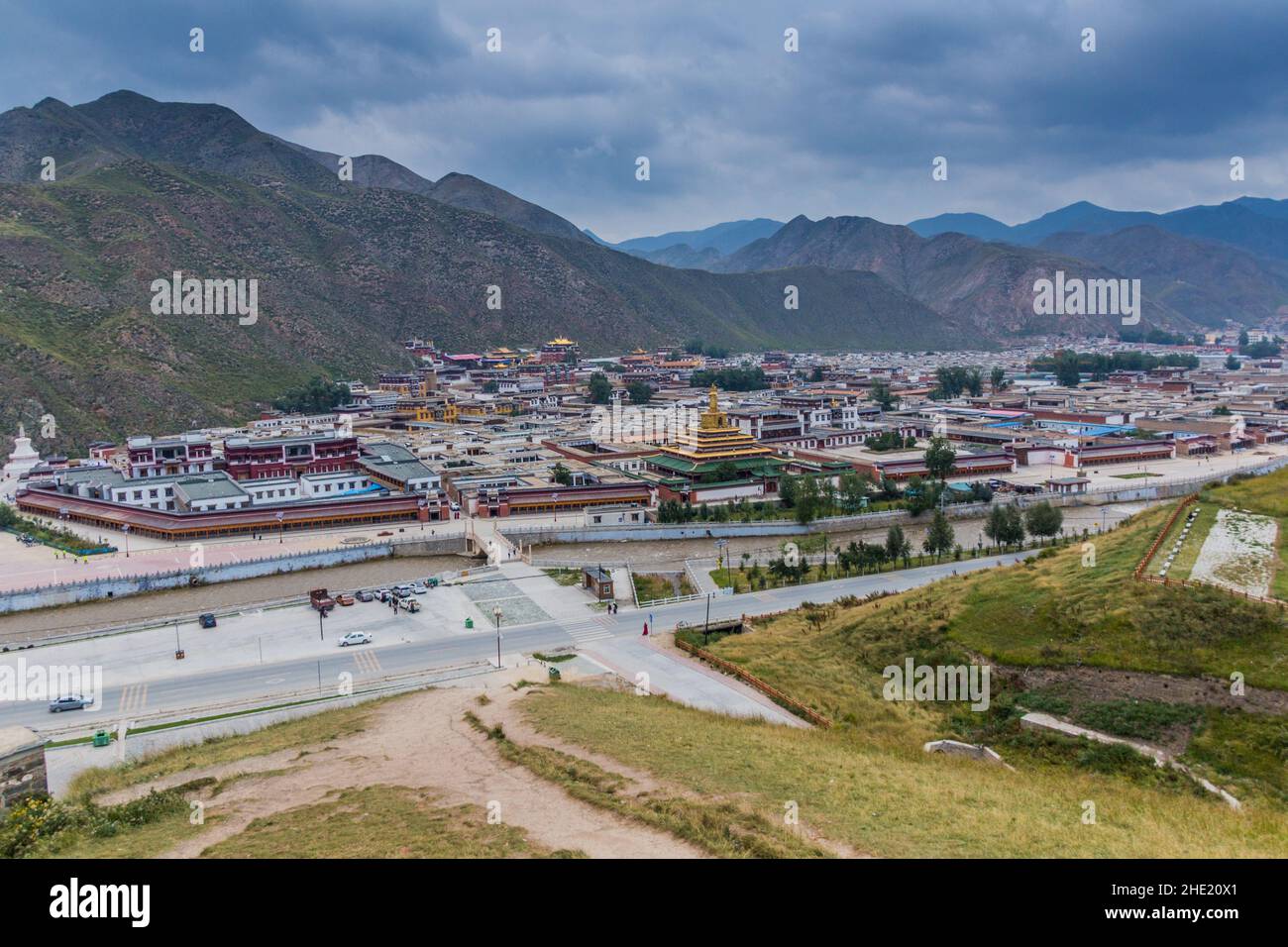 Aerial view of Labrang monastery in Xiahe town, Gansu province, China ...