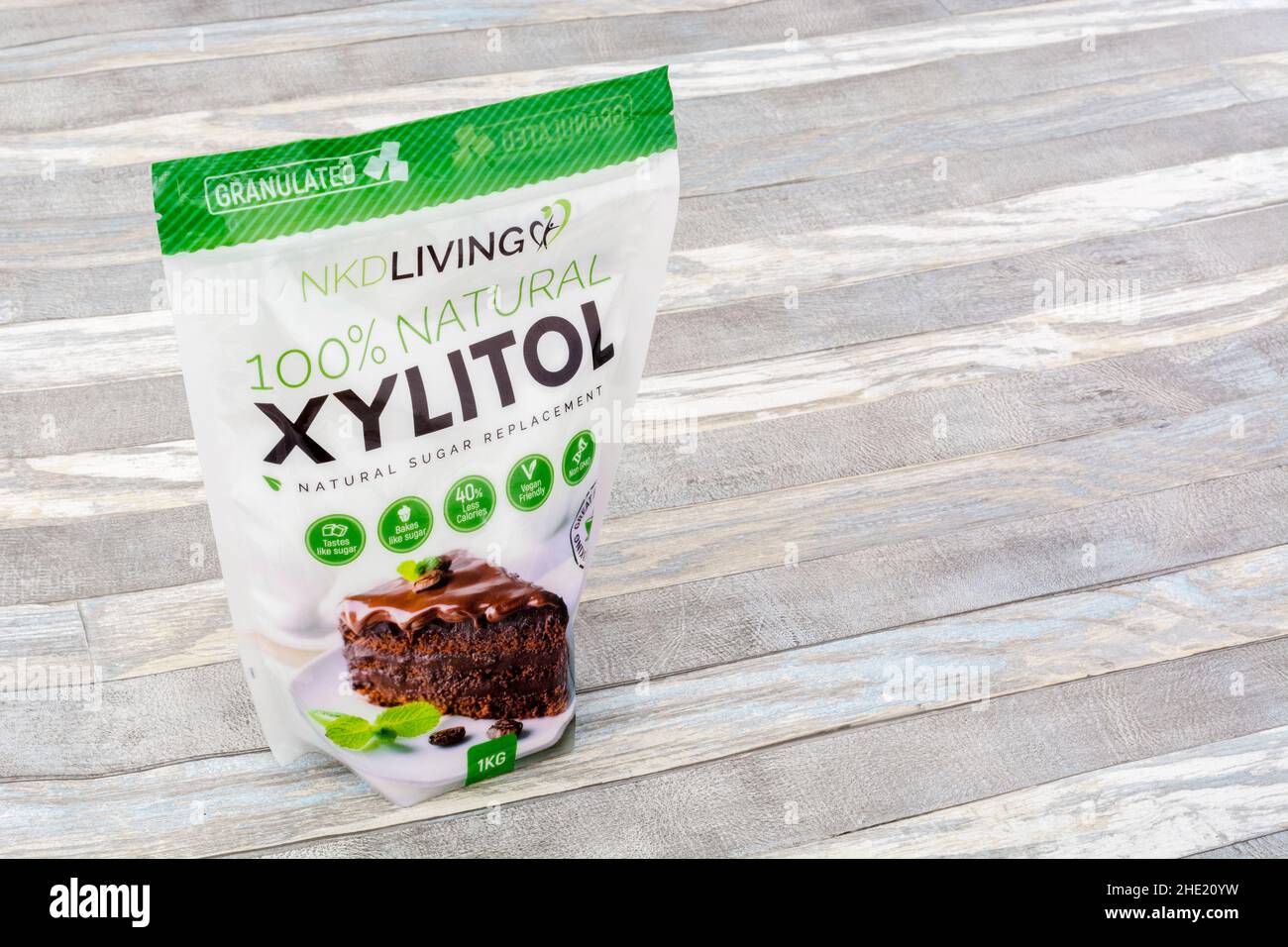 Plastic packet of the natural sucrose sugar alternative Xylitol. Used ...