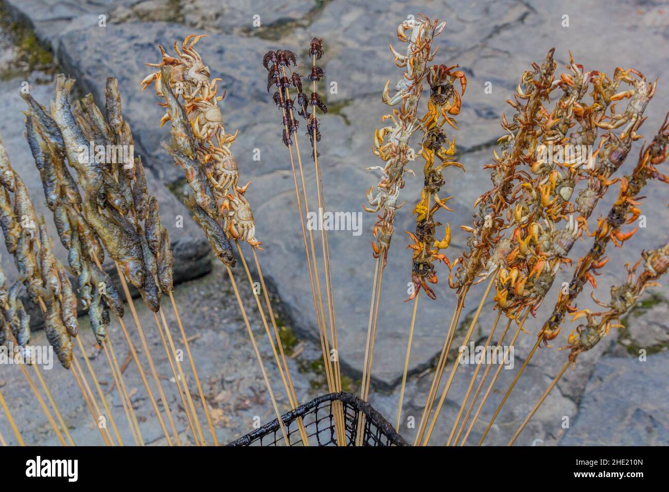 Fish, insect and crab skewers for sale at Liusha waterfall near Dehang ...