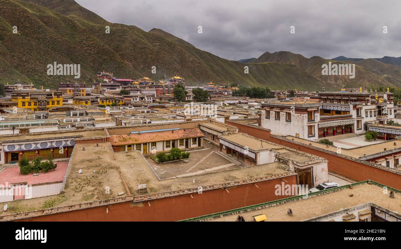 Panorama of Xiahe town with Labrang Monastery, Gansu province, China ...