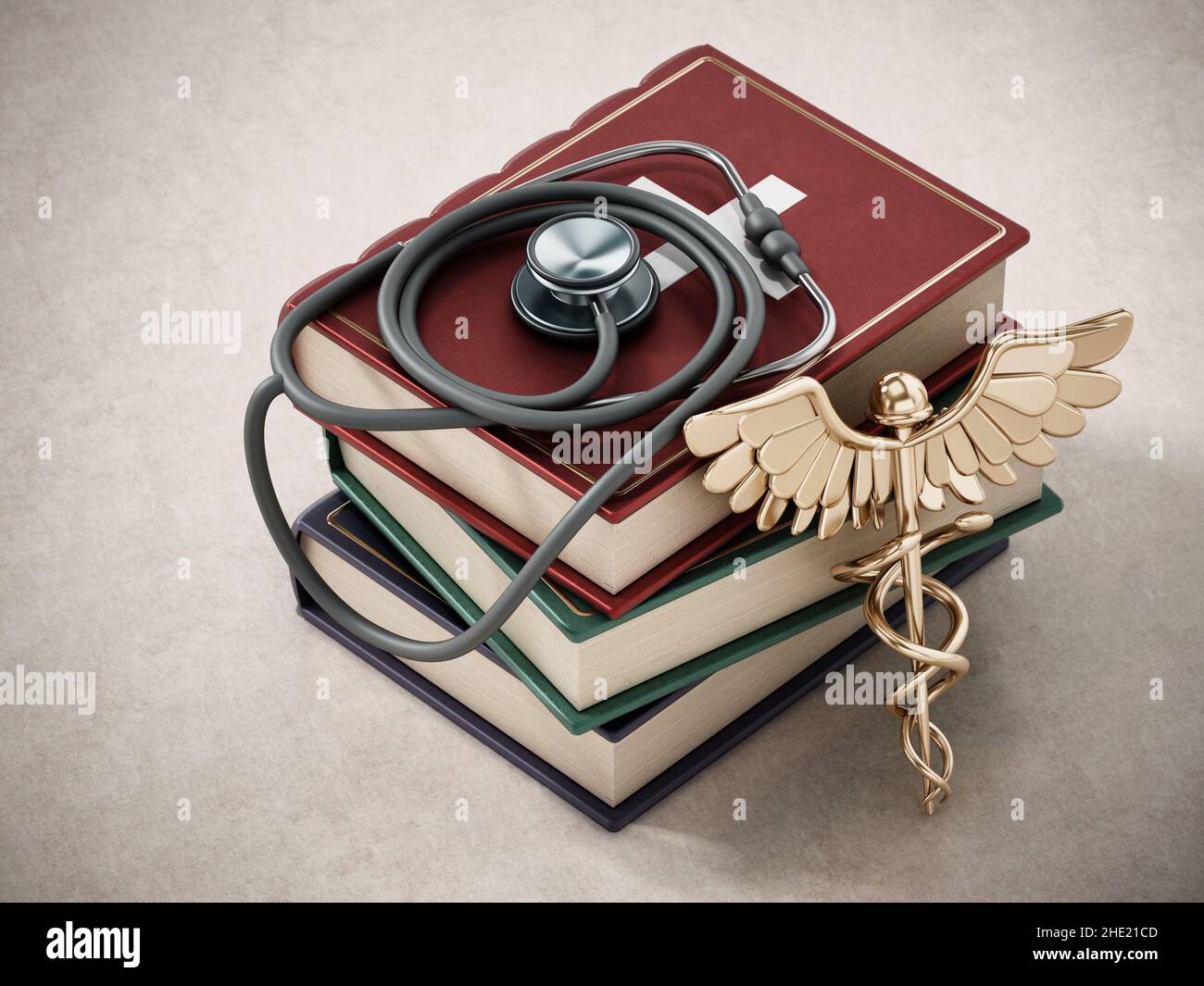Stethoscope, golden caduceus and medicine books. 3D illustration Stock ...