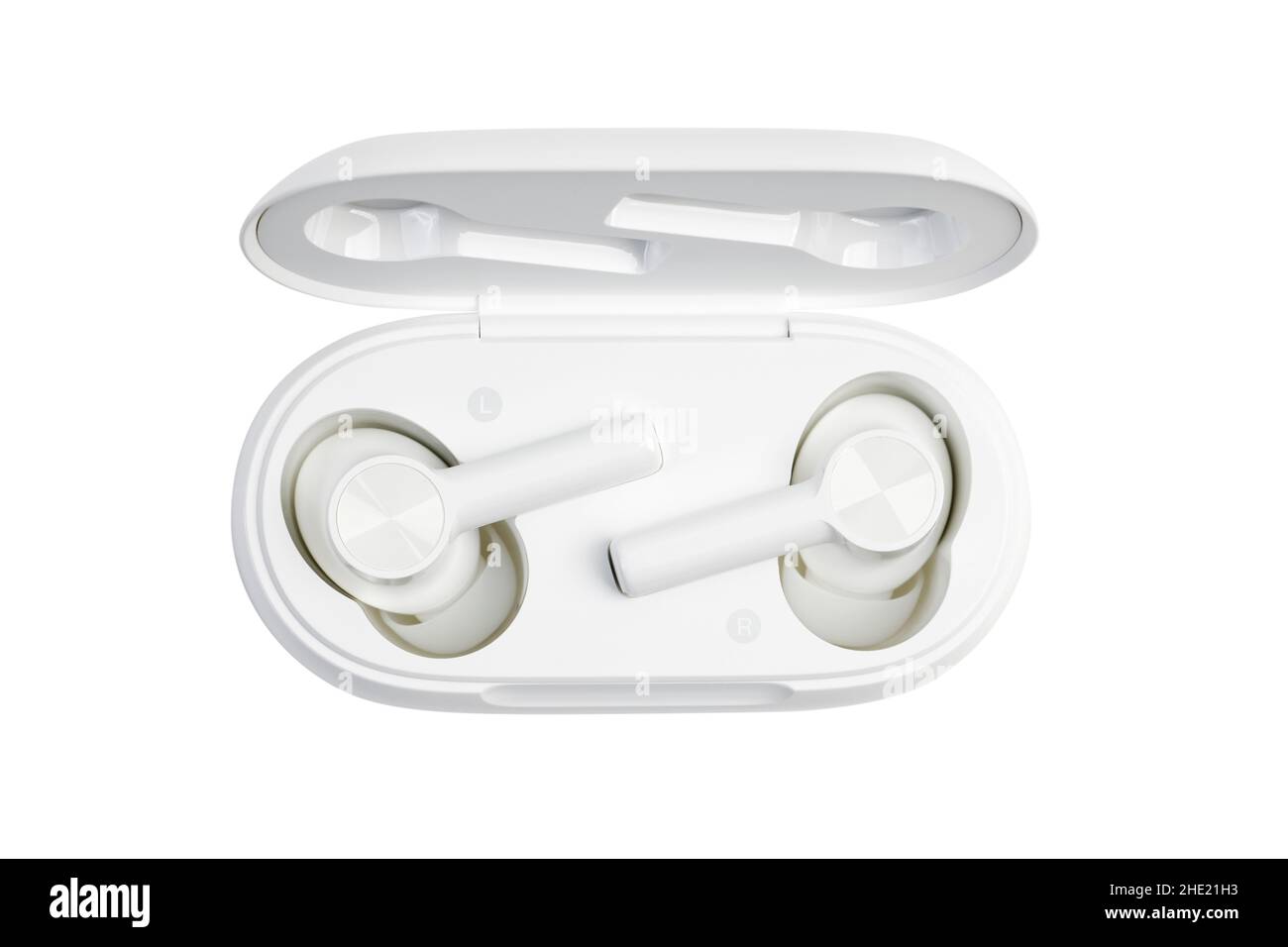 Closeup white TWS (true wireless stereo) earbuds in case isolated on ...