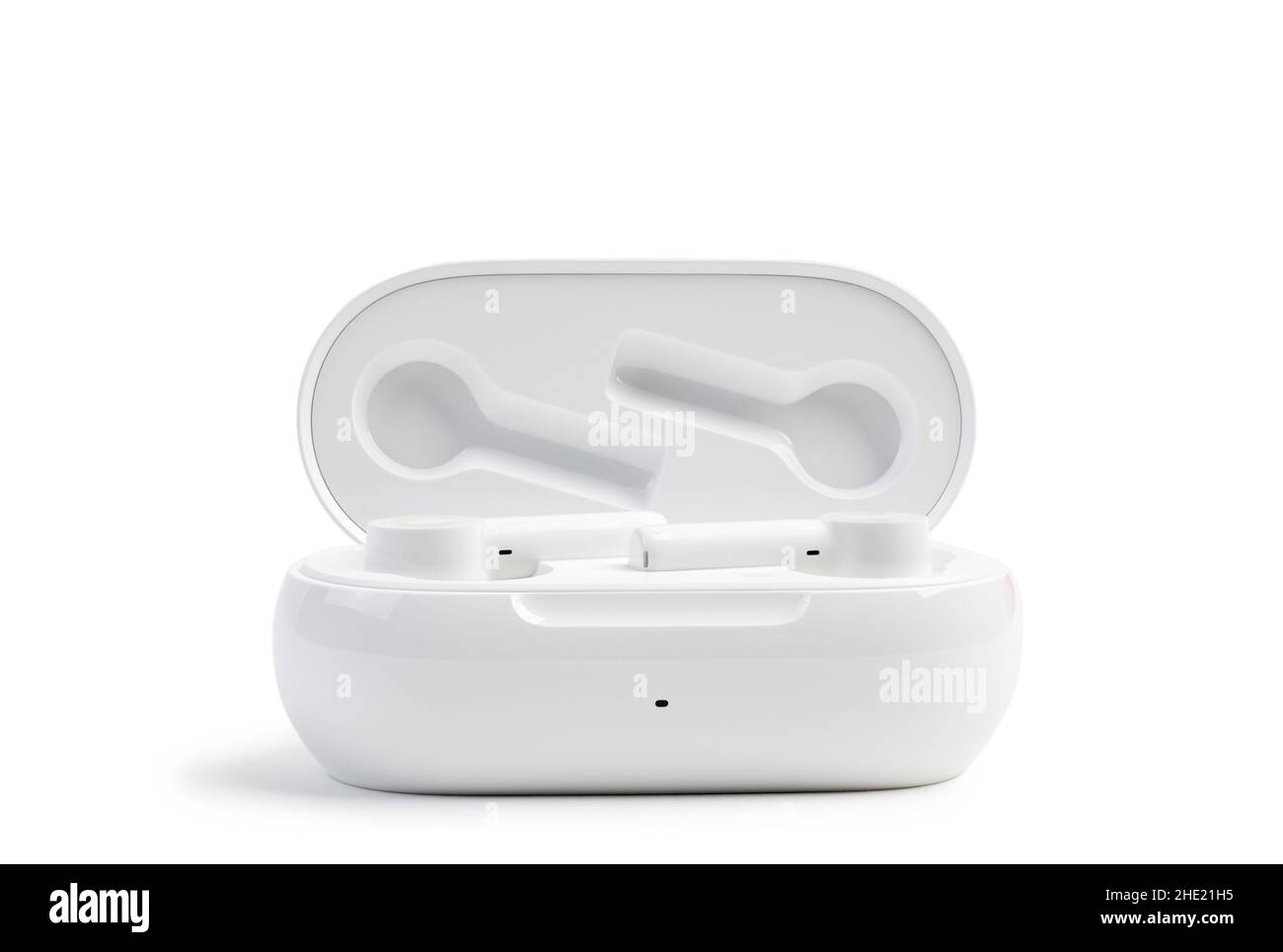 Closeup white TWS (true wireless stereo) earbuds in case isolated on ...