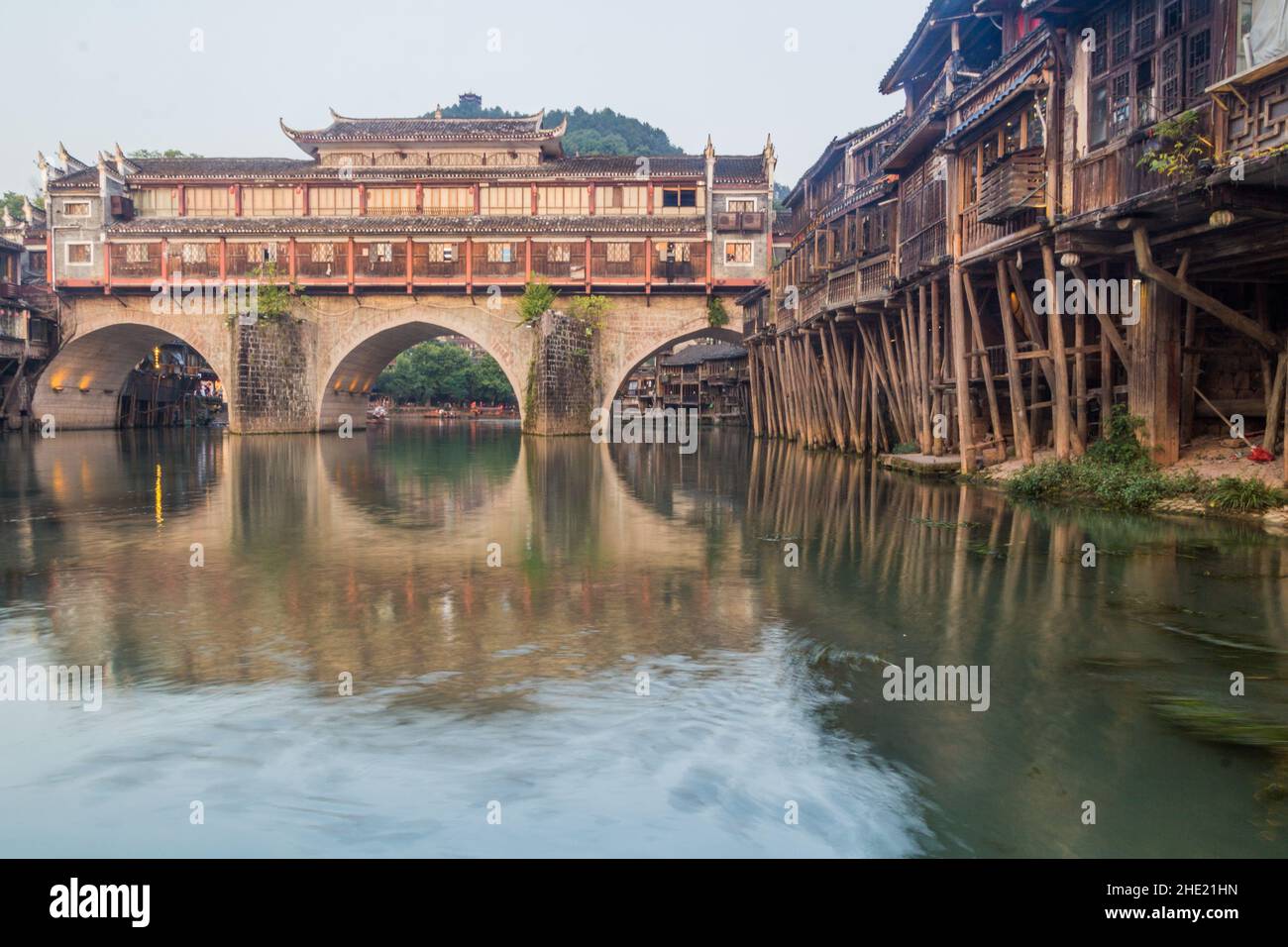 Hong bridge over Tuo river in Fenghuang Ancient Town, Hunan province ...