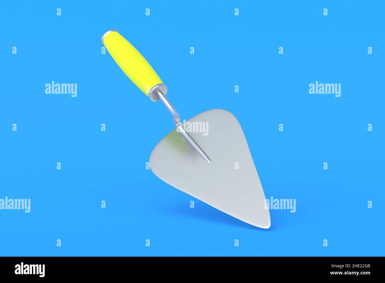 One metal trowel with yellow handle on blue background. Spatula for ...