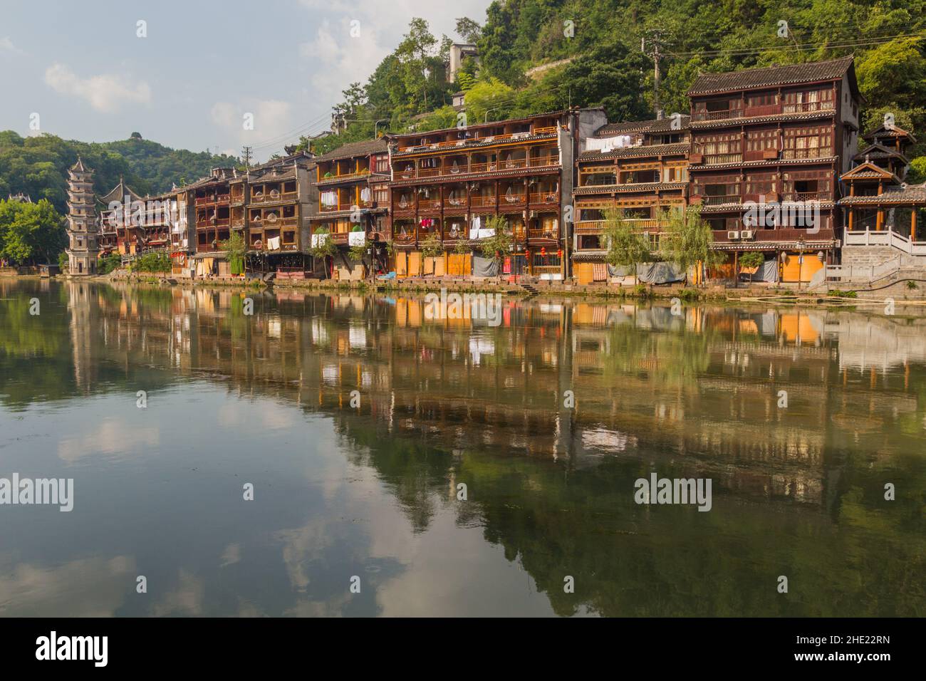 Riverside buildings in Fenghuang Ancient City, Hunan province, China ...
