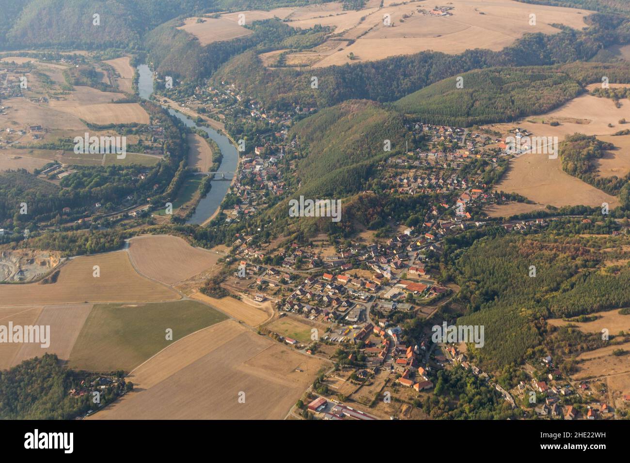 Aerial view of Berounka river, Sykorice and Zbecno villages, Czechia ...