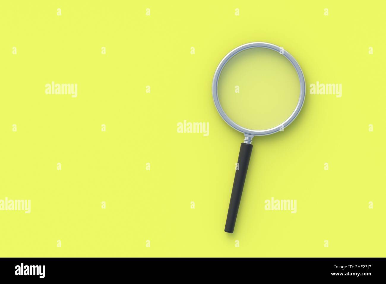 Optical magnifier on yellow background. Copy space. Top view. 3d render ...