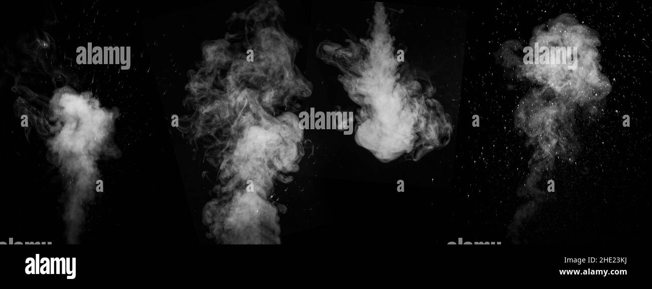 Fog or smoke set isolated on black background. White cloudiness, mist ...