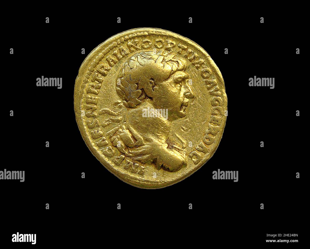 Gold Roman aureus coin of Roman emperor Trajan AD 98-117 cut out and ...