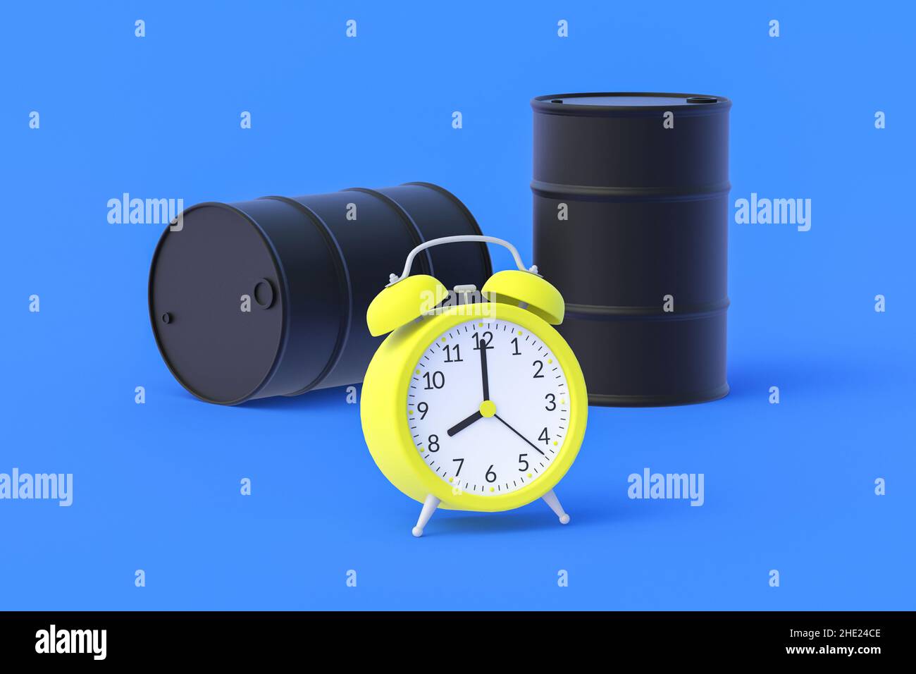 Barrels with oil, petrol near clock. Time of storage or disposal of ...